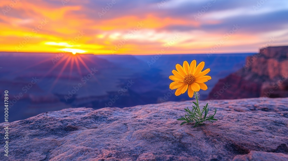 Yellow Wildflower Growing on Rocky Cliff at Golden Sunset Over Grand ...