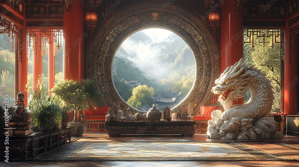 Chinese Palace Interior Design with Dragon Statue and Round Window ...