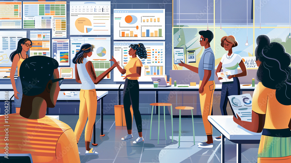 Researchers in a modern workspace analyzing data on digital screens ...