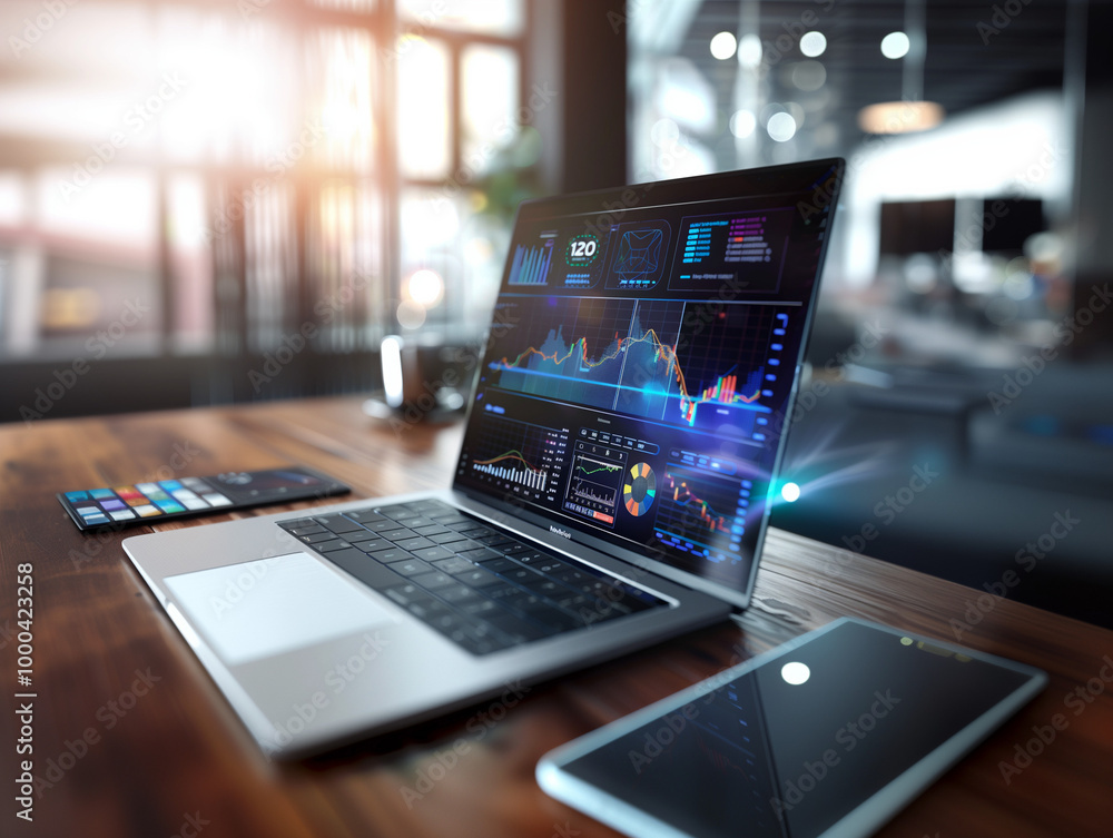 3D render of a laptop displaying data analytics dashboards, with a sleek design and a modern ...