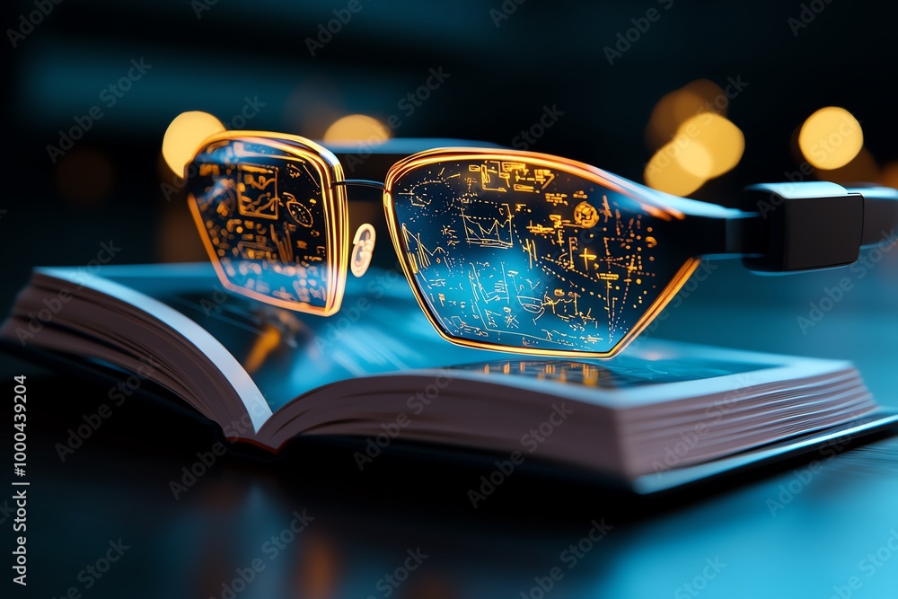 Futuristic augmented reality textbook, where students use AR glasses to ...