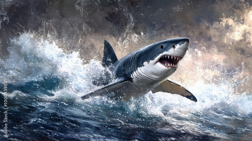 Great White Shark Breaching Water Surface Stock Photo | Adobe Stock