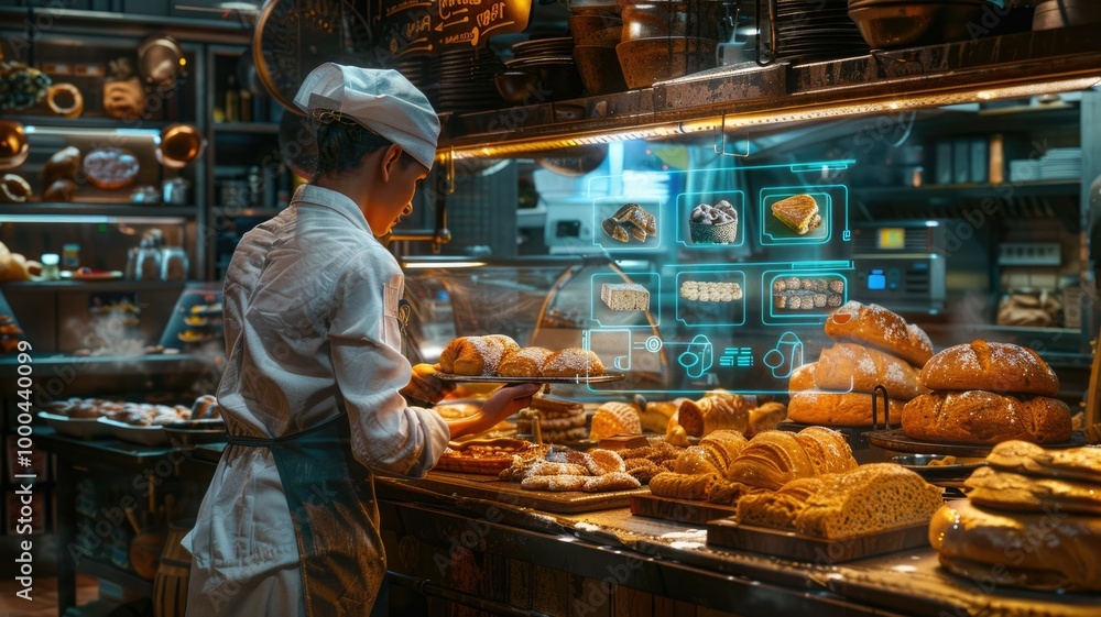 A baker in a bustling bakery with an AI assistant as a holographic ...