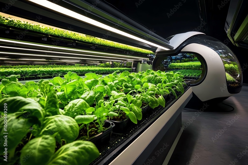 Futuristic vertical farm inside a city skyscraper, where crops grow ...
