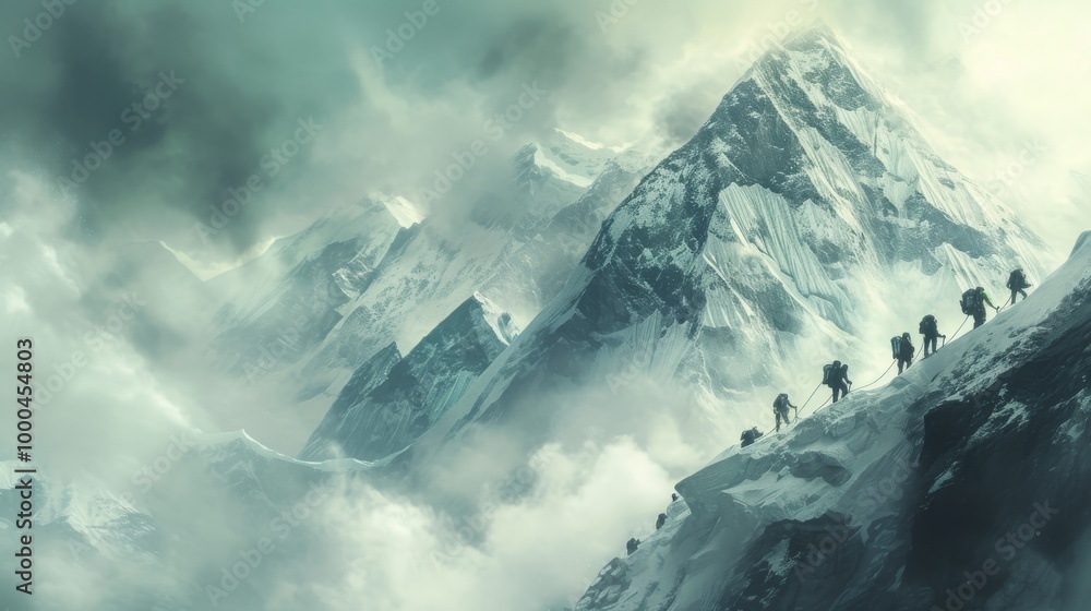 A team of climbers treks across a snow-covered ridge, surrounded by ...