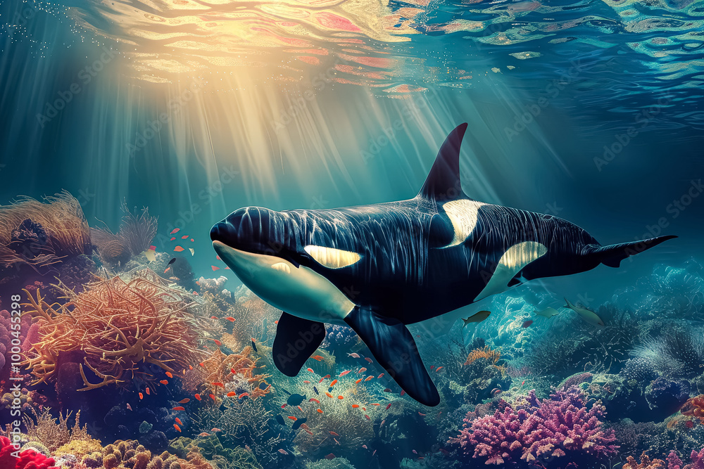 Black and white orca swims through a colorful coral reef. The scene is ...