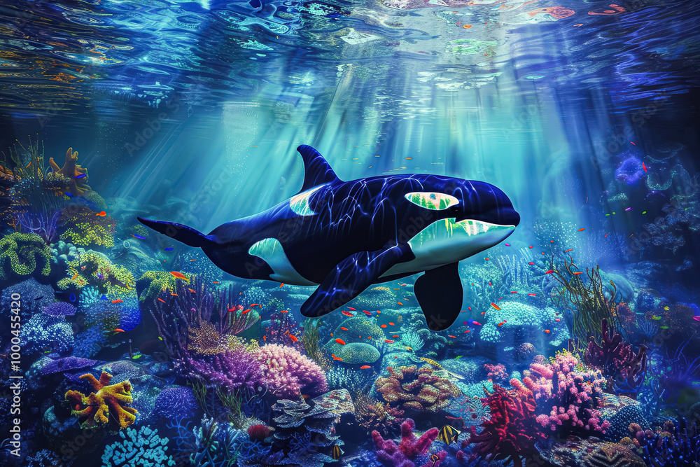 Black and white orca swims through a colorful coral reef. The scene is ...