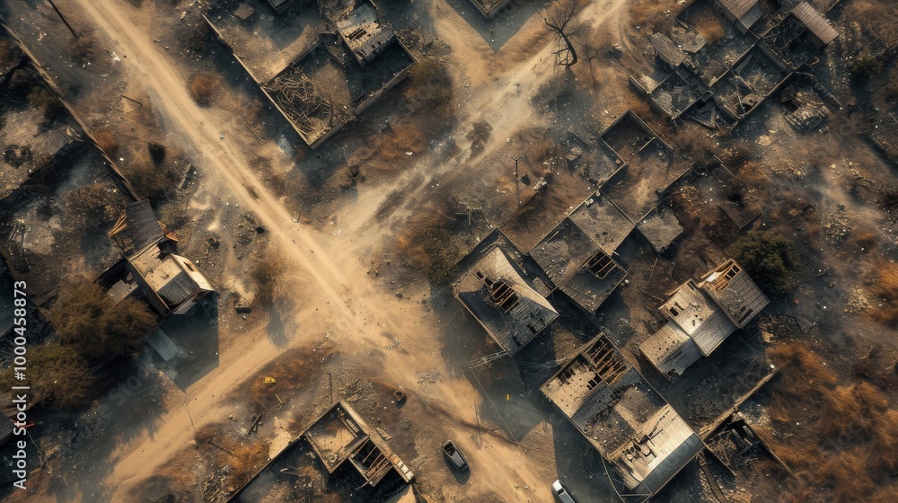 Overhead view of a war-torn area with crumbling houses and streets ...