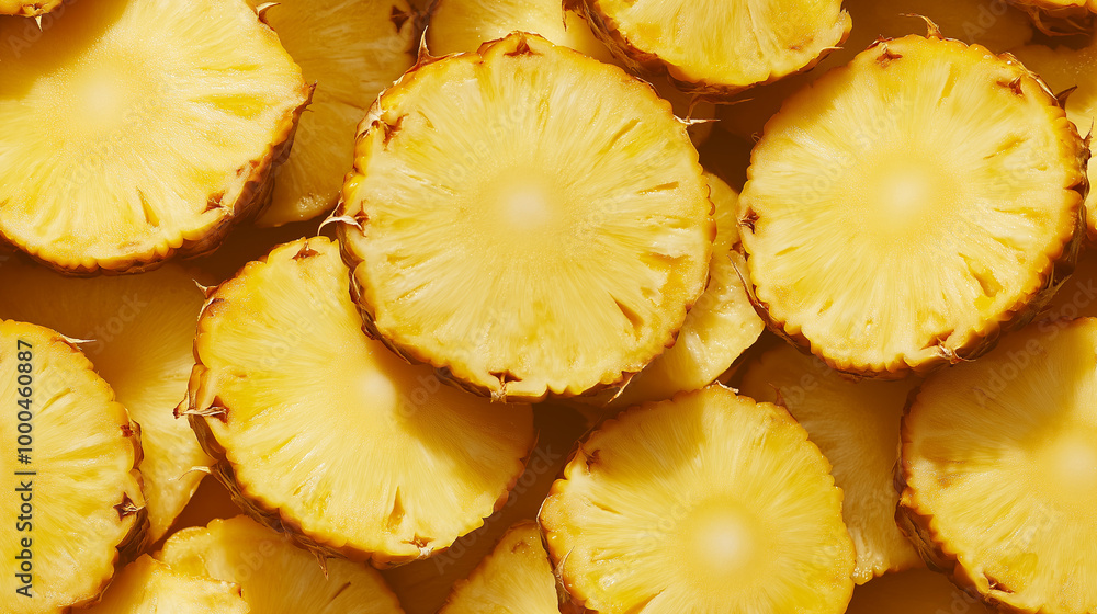 a close-up, top-down view of sliced pineapple spread across the entire ...