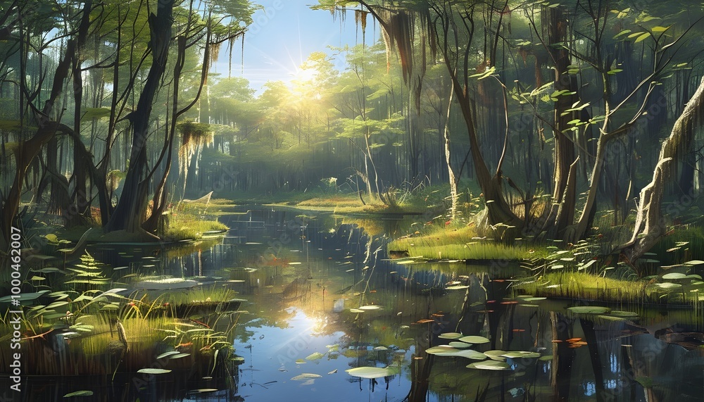 Sun-dappled fen with reflective pools showcasing unique plant species ...