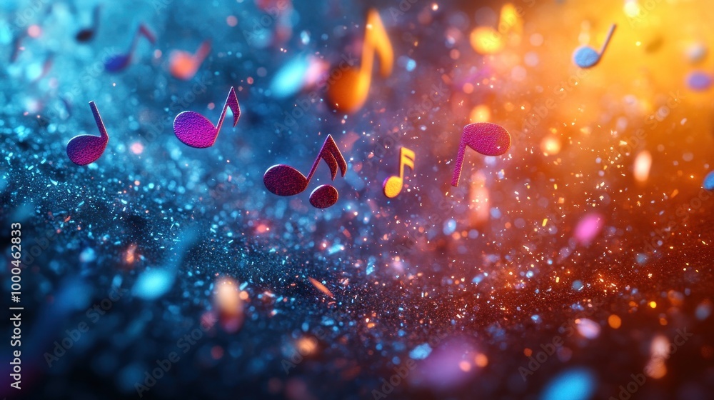 Floating musical notes on an abstract blue background with flare ...