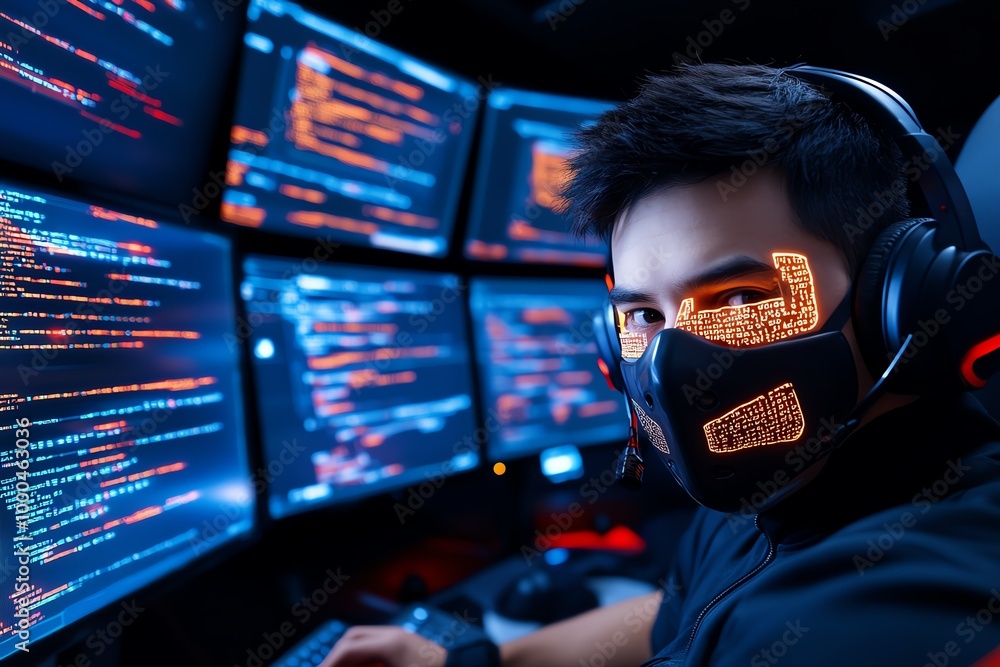 Hyper-realistic shot of a hacker wearing a mask, sitting in front of a ...