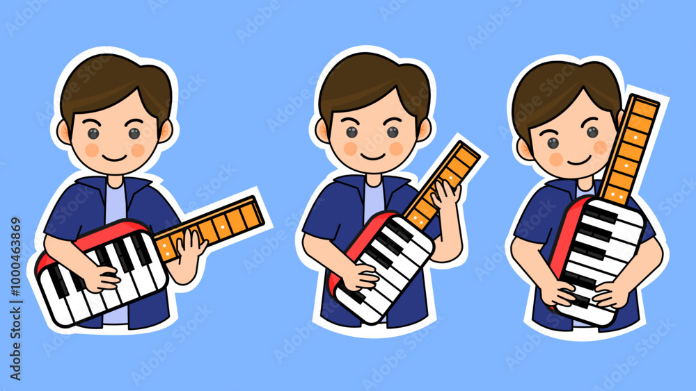 Cartoon Boy Playing a Keytar Instrument in a Different Pose. Vector ...