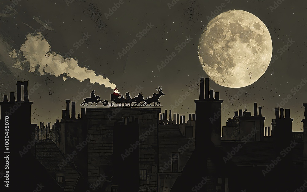 Rooftop scene on Christmas Eve, Santa's sleigh and reindeer silhouetted ...
