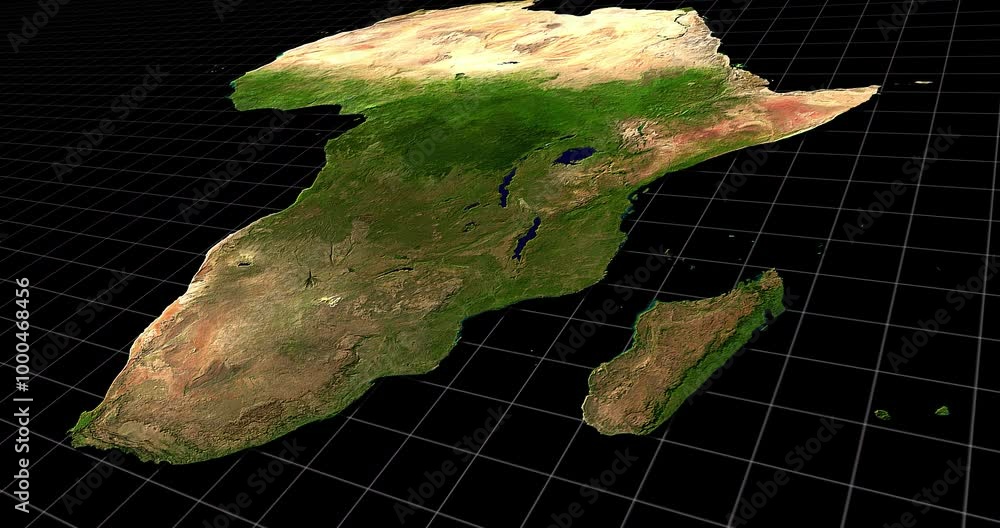 Land, grid and continent or map of Africa on black background, data ...