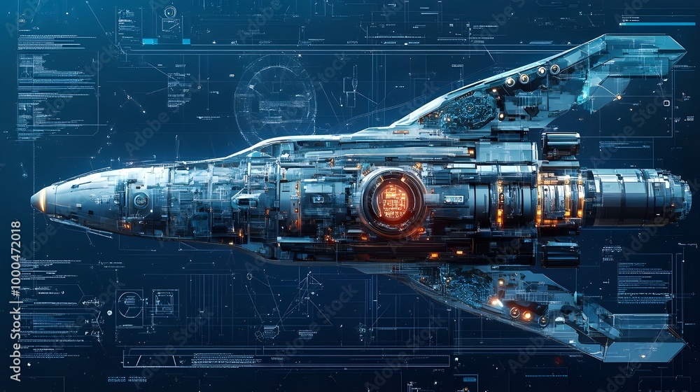 Mechanical blueprint images of a futuristic spaceship with advanced ...