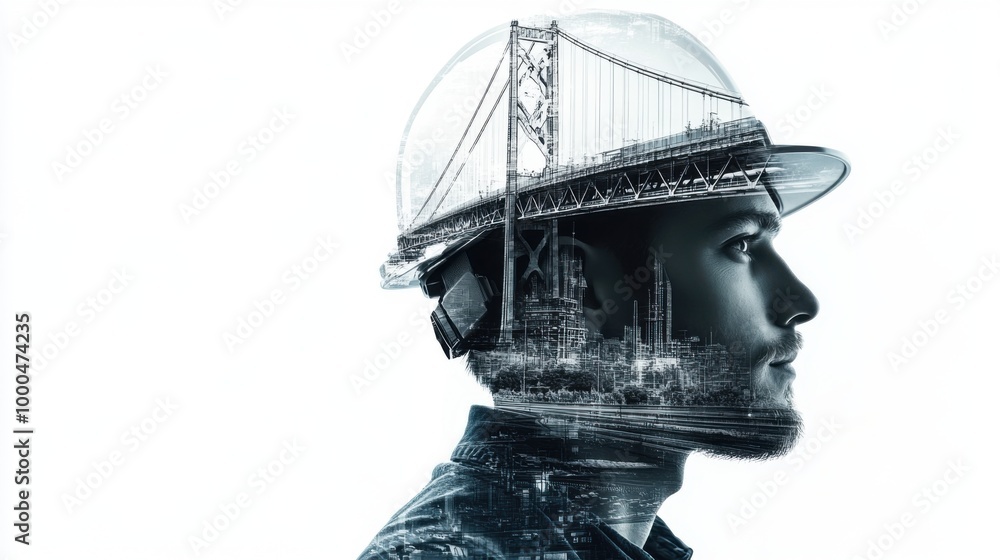 Profile of a man with a double exposure effect featuring construction ...