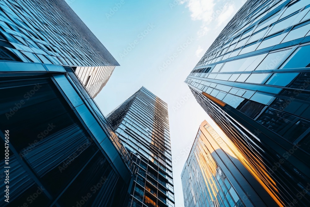 Cinematic skyscape-style view of tall buildings in a city under ...