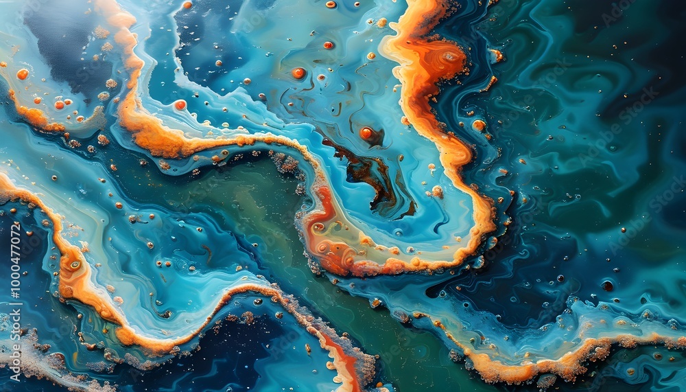 Abstract patterns of oil and water swirling on ocean surface ...