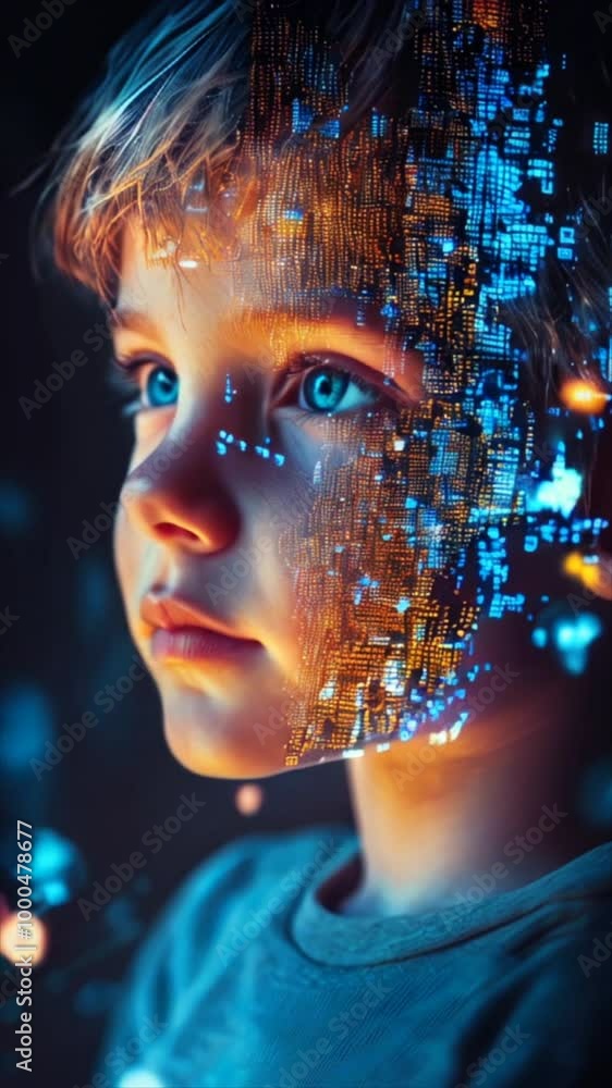 Little boy with digital code data overlay, cyberspace and information ...