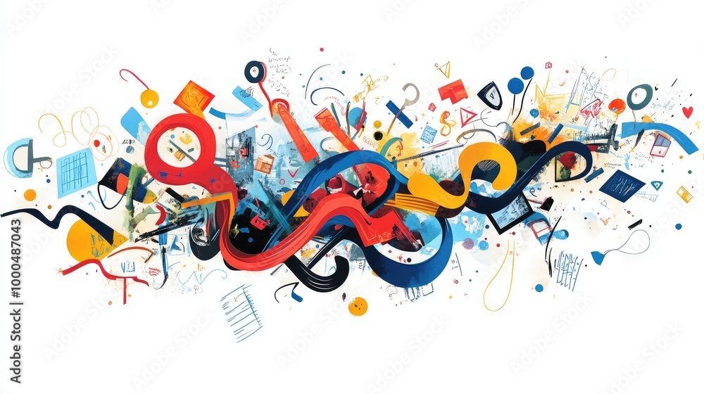 Swirling trails of letters, symbols, and academic tools form an ...