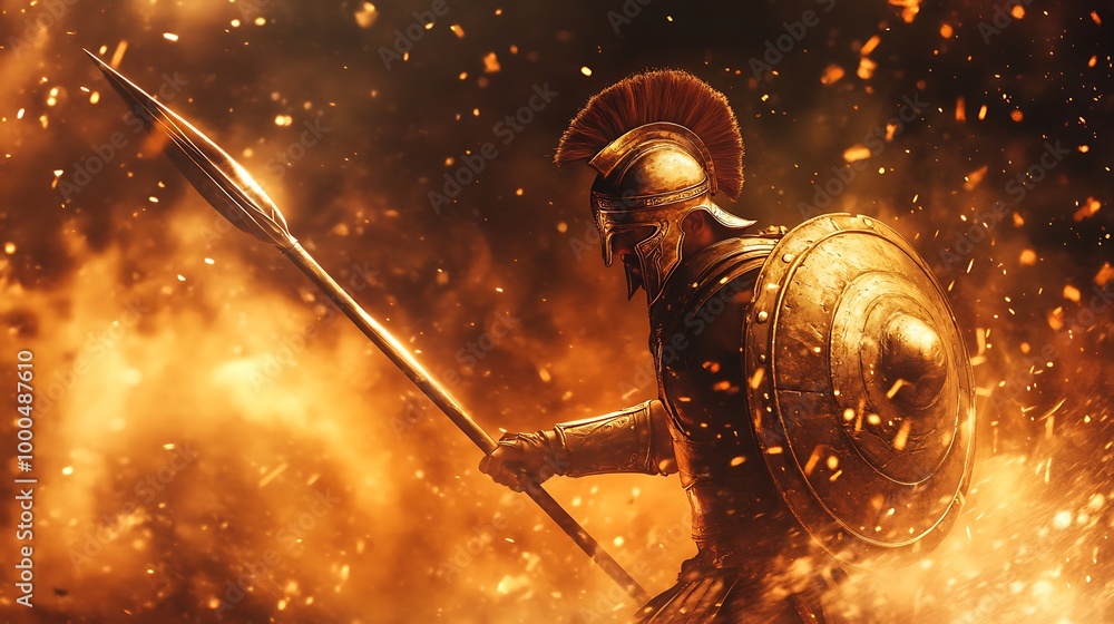Abstract depiction of a Spartan soldier launching a spear with ...