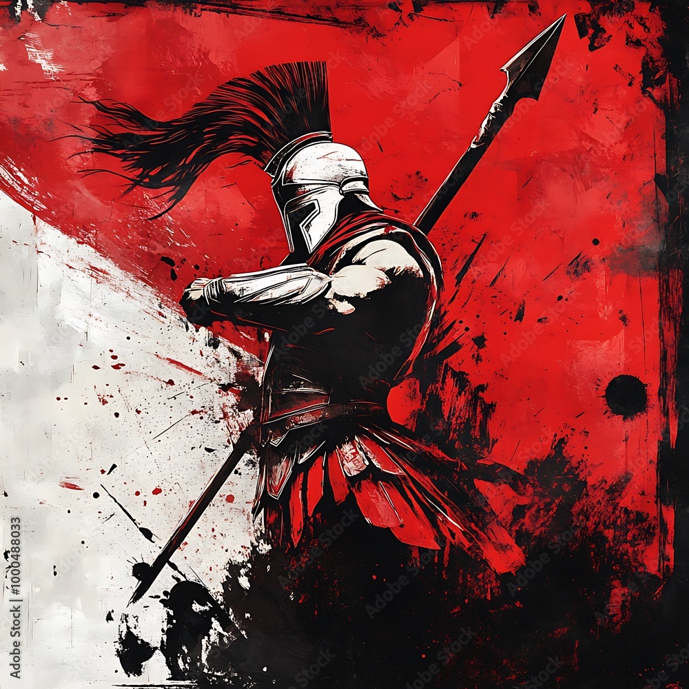 Dynamic abstract Spartan warrior captured in the act of spear throwing ...