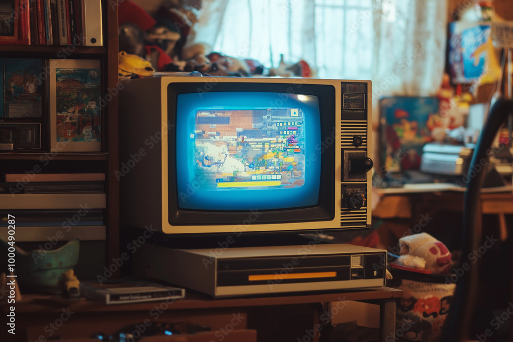 Vintage Tech on Display: CRT Monitor Amidst Clutter Stock Illustration ...