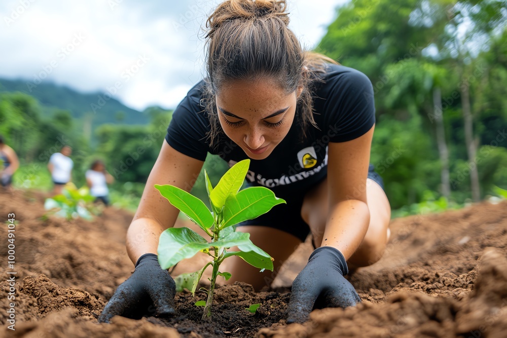 Sustainable tree-planting project, with volunteers reforesting a ...