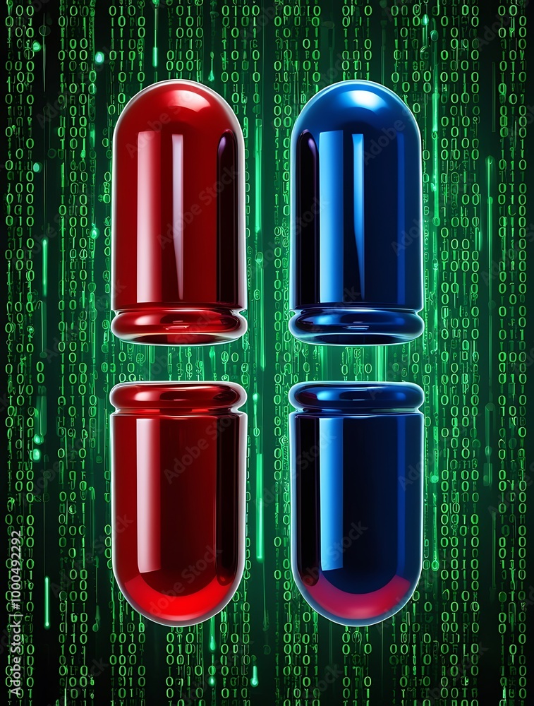 Choice between a red pill and a blue pill concept image on a green data ...
