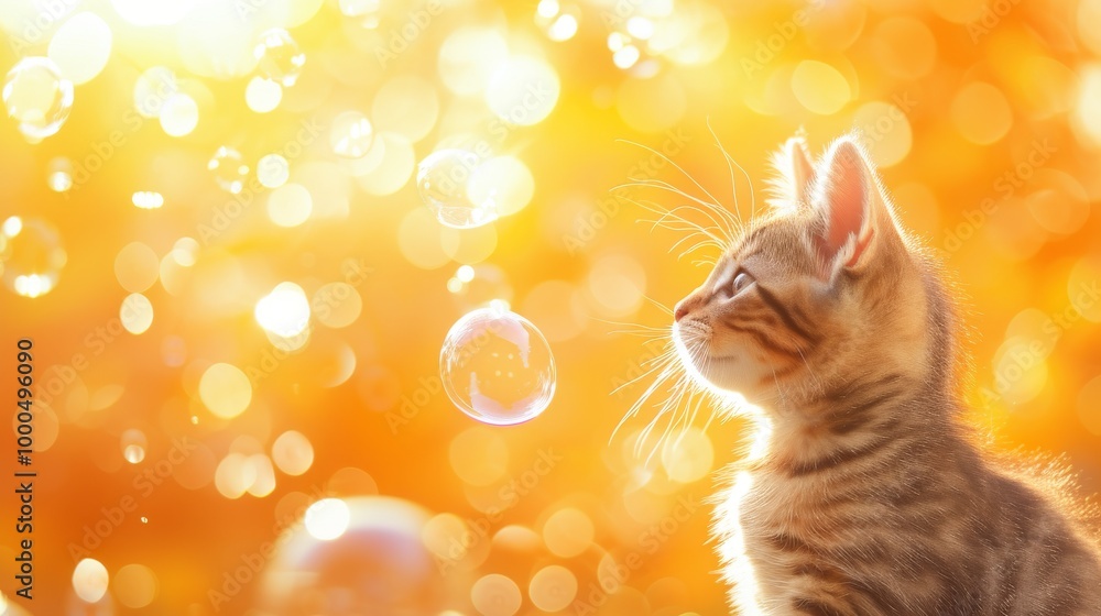 A young tabby kitten gazes intently at a floating bubble, bathed in a ...