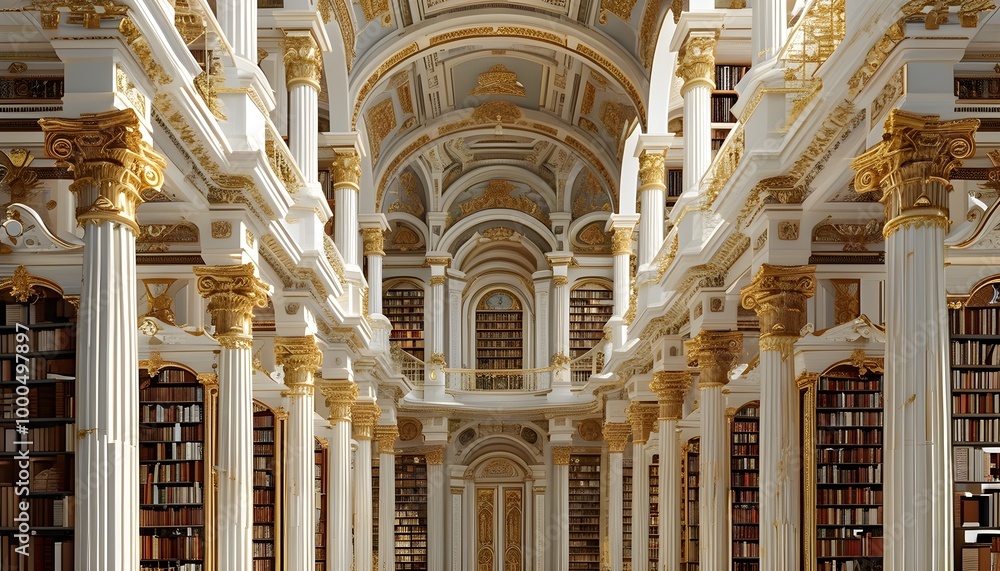 Grandiose library of ornate columns and golden accents, featuring ...