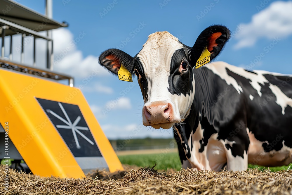 Dairy farm with cows in a milking station, modern equipment being used ...