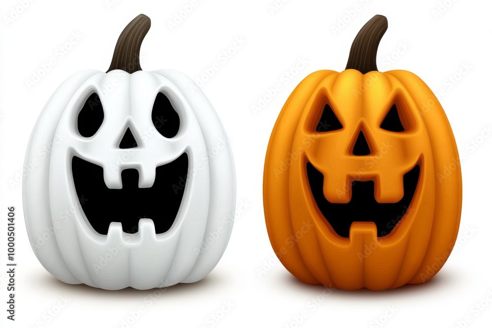 Pair of black and white jack o lanterns with carved smiling faces set ...