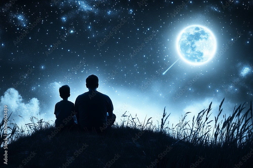 A father and son sit together on a hill, gazing at the starry night sky ...