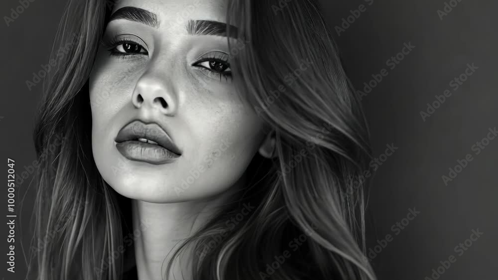 A woman with long hair looks intensely at the camera in a black and ...