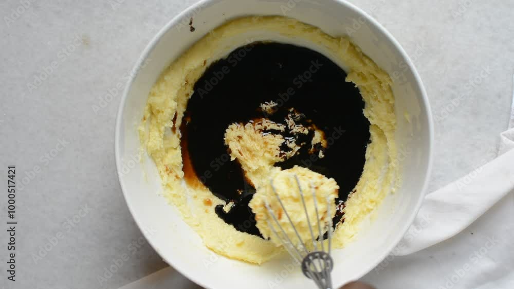 Vídeo do Stock: Overhead view of molasses being added and whisked into ...