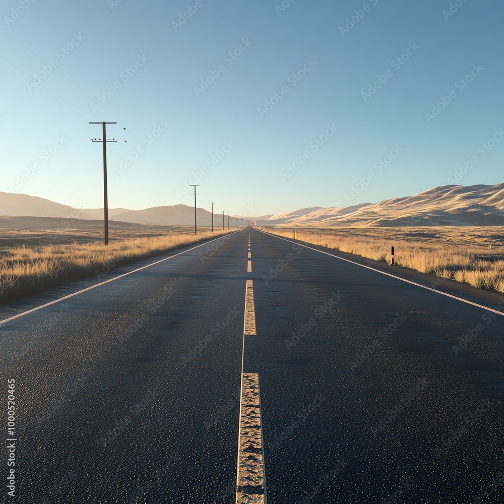 Morning sunlight casts long shadows on a deserted highway, captured in ...