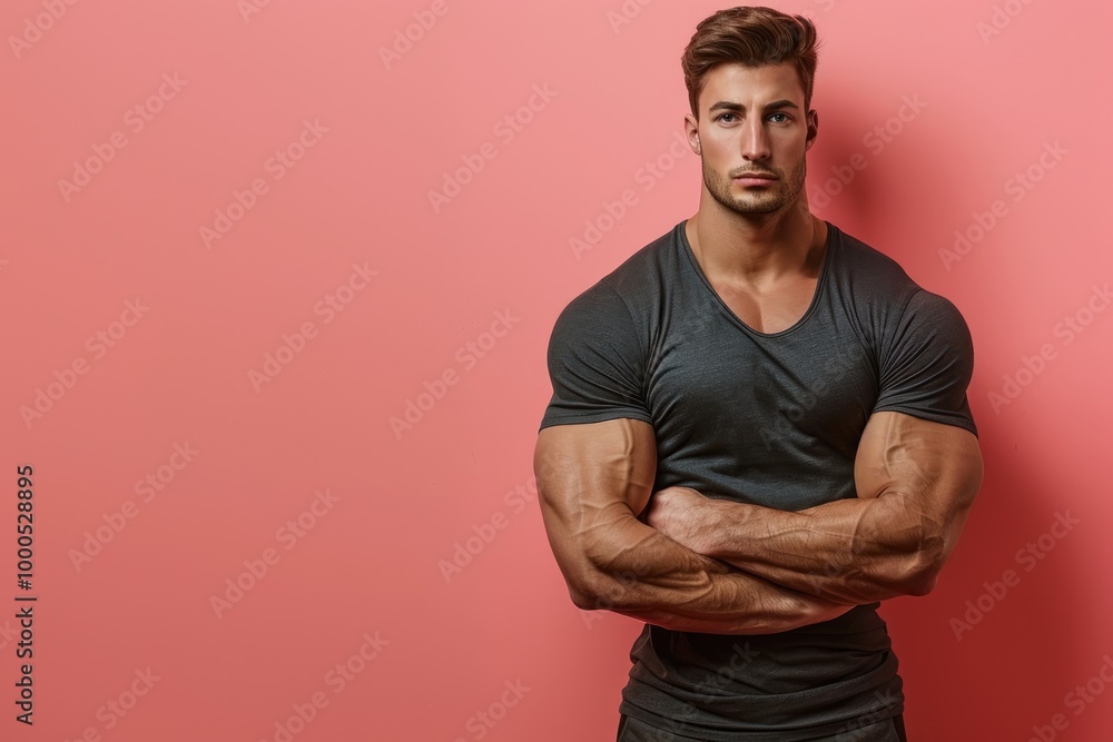 Fit man with a muscular build confidently standing against a solid ...
