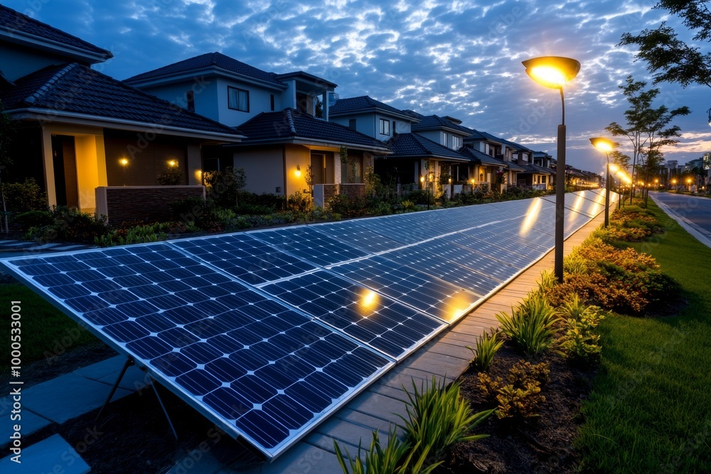 Solar-powered streetlights illuminating an eco-friendly neighborhood ...