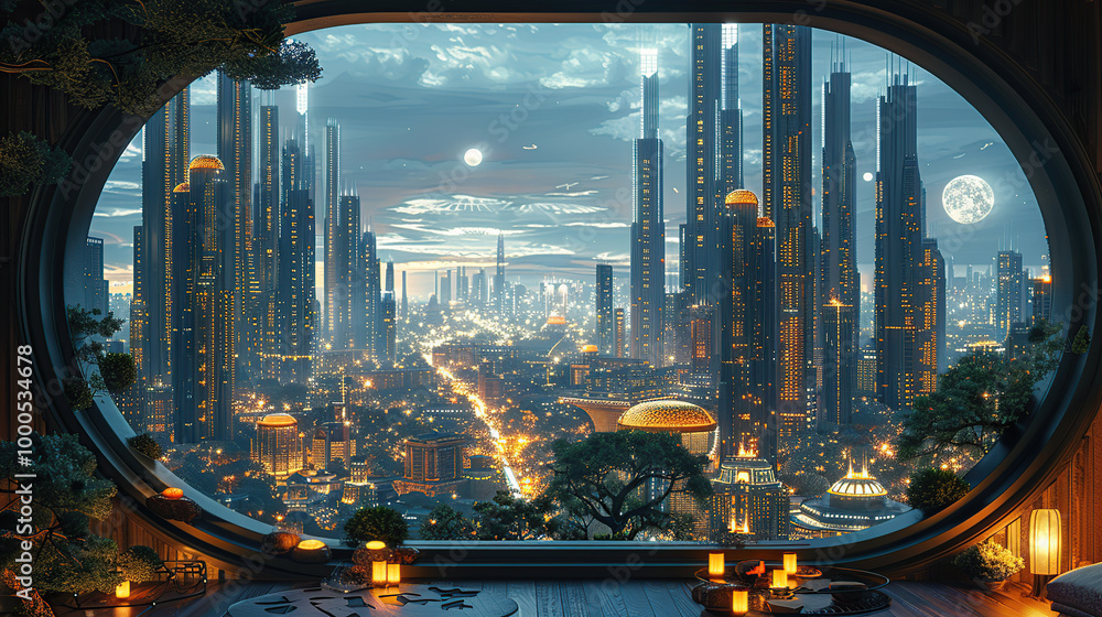 Inside the room, the window frames a cityscape of modern, intricate ...