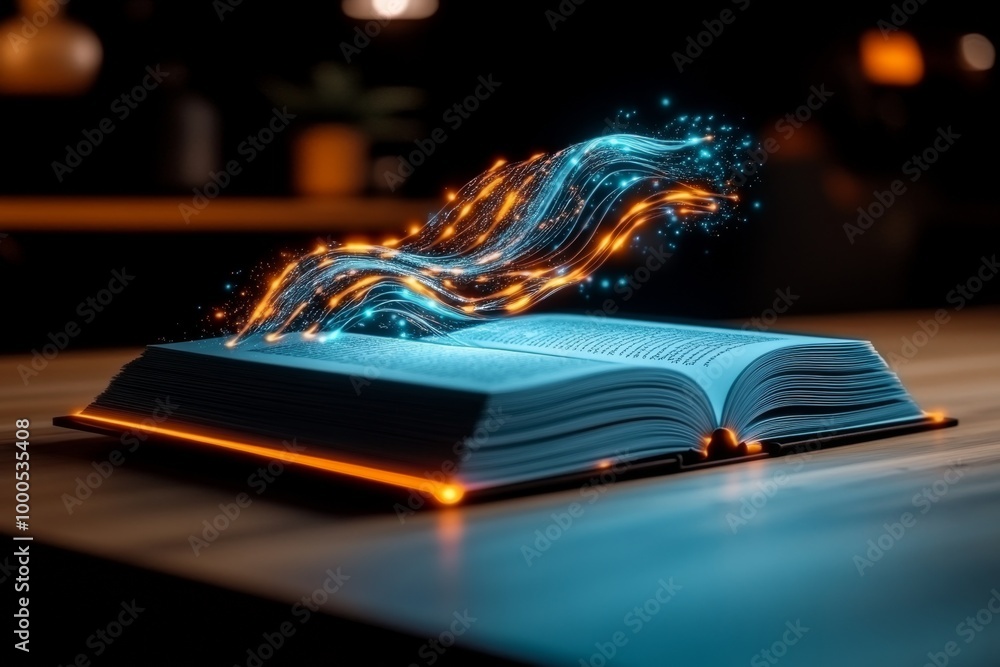 3D book with glowing pages, hovering in a digital space, with words and ...