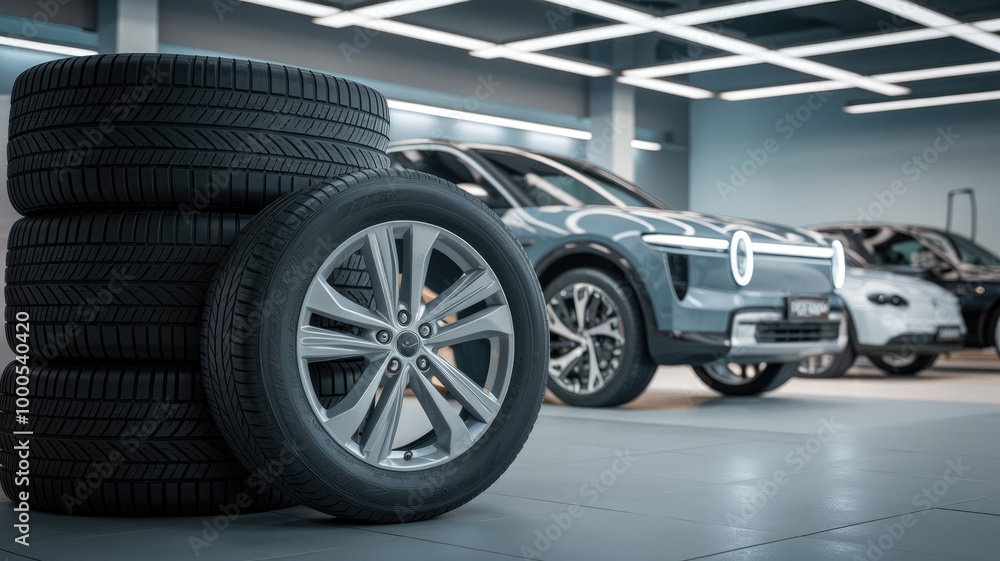 Three tires are stacked on top of each other. The tires are black and ...