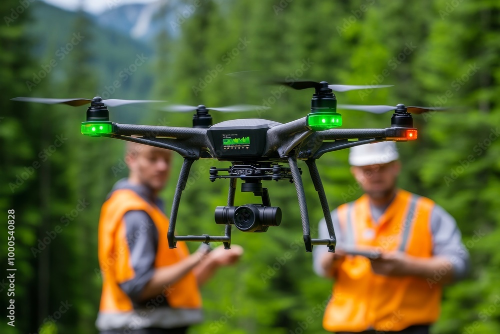 Foresters using drones to survey the forest, capturing data on tree ...