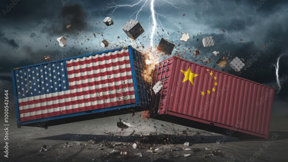 Two shipping containers are smashed together, one of which has the ...