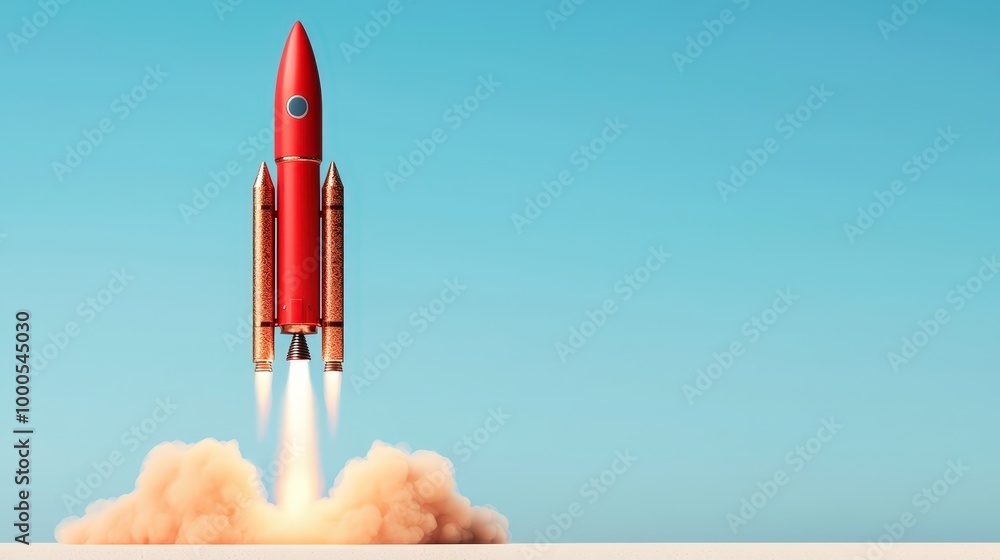Red Rocket Launching into Blue Sky Space Exploration Success Start Up ...