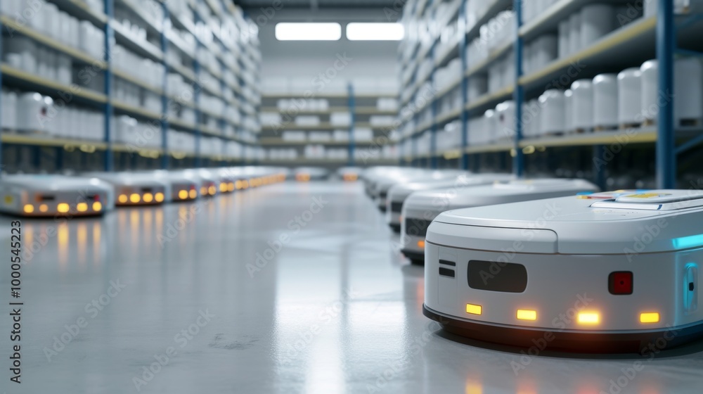 Rows of small automated robots work in unison, managing inventory in a ...