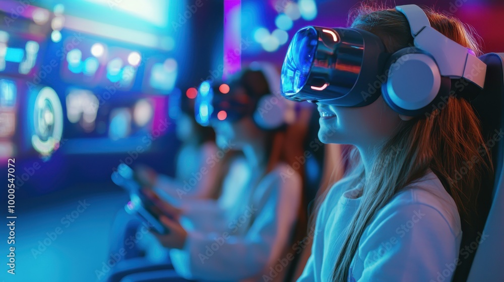 group of children immersed in virtual reality gaming at a high-tech ...