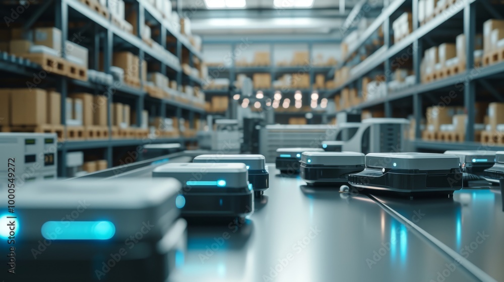 Small autonomous robots efficiently navigating a large, modern warehouse. The robots transport ...