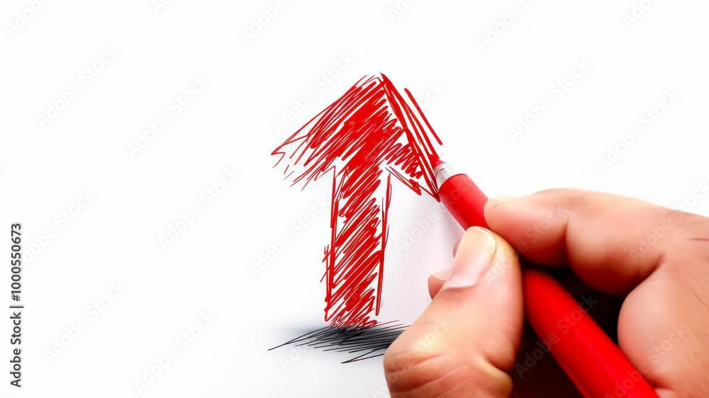 Bold red arrow sketched on white background. Hand holding red marker ...